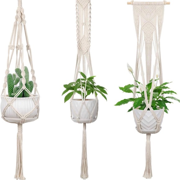 Accents | Bohemian White Cream Macrame Plant Hangers Set Of Three ...